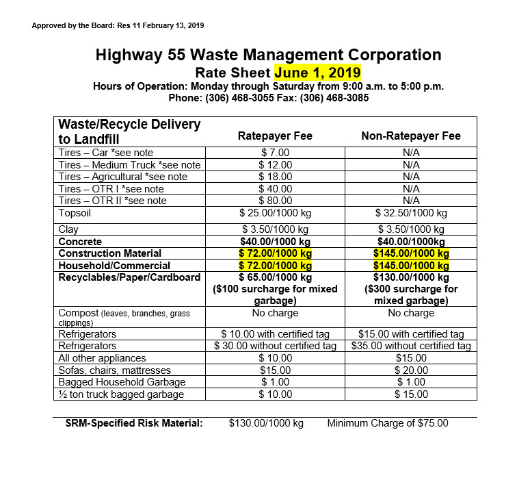 Rates – Highway 55 Waste Management Corporation